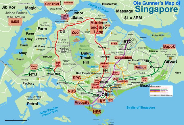 Map of Singapore with ‘names’ for Johor Bahru: Car Thief, Cheap Petrol ...