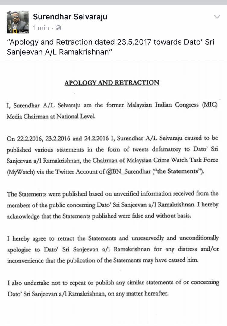 S Surendhar, MIC man, apologises to Sri Sanjeevan over defamatory ...