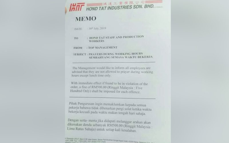 Did Hond Tat Industries Sdn Bhd issue a memo banning prayer during ...